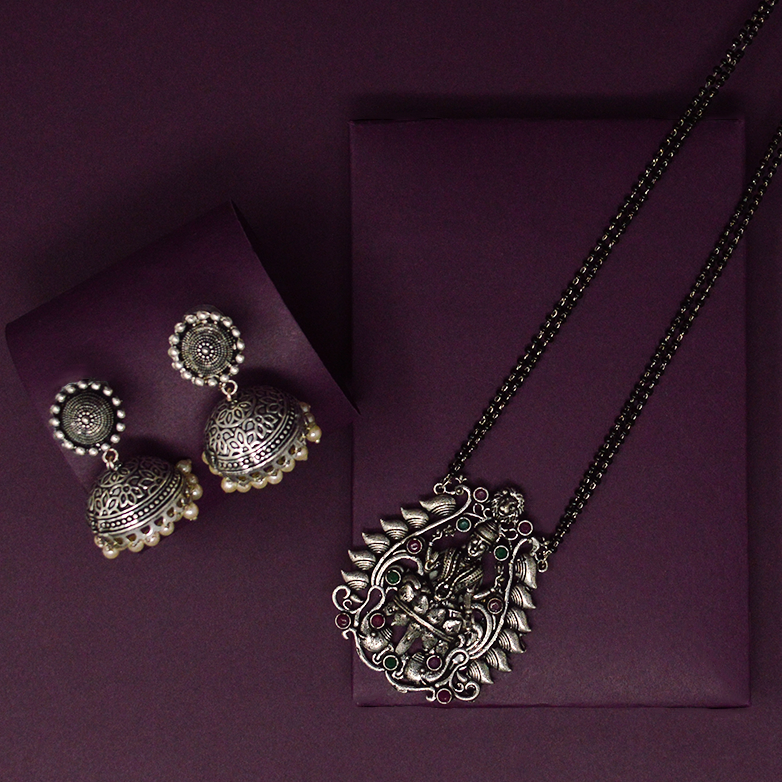 Silver Oxidised Mangalsutra Oxidised Laxmi Pendant Mangalsutra Saaj